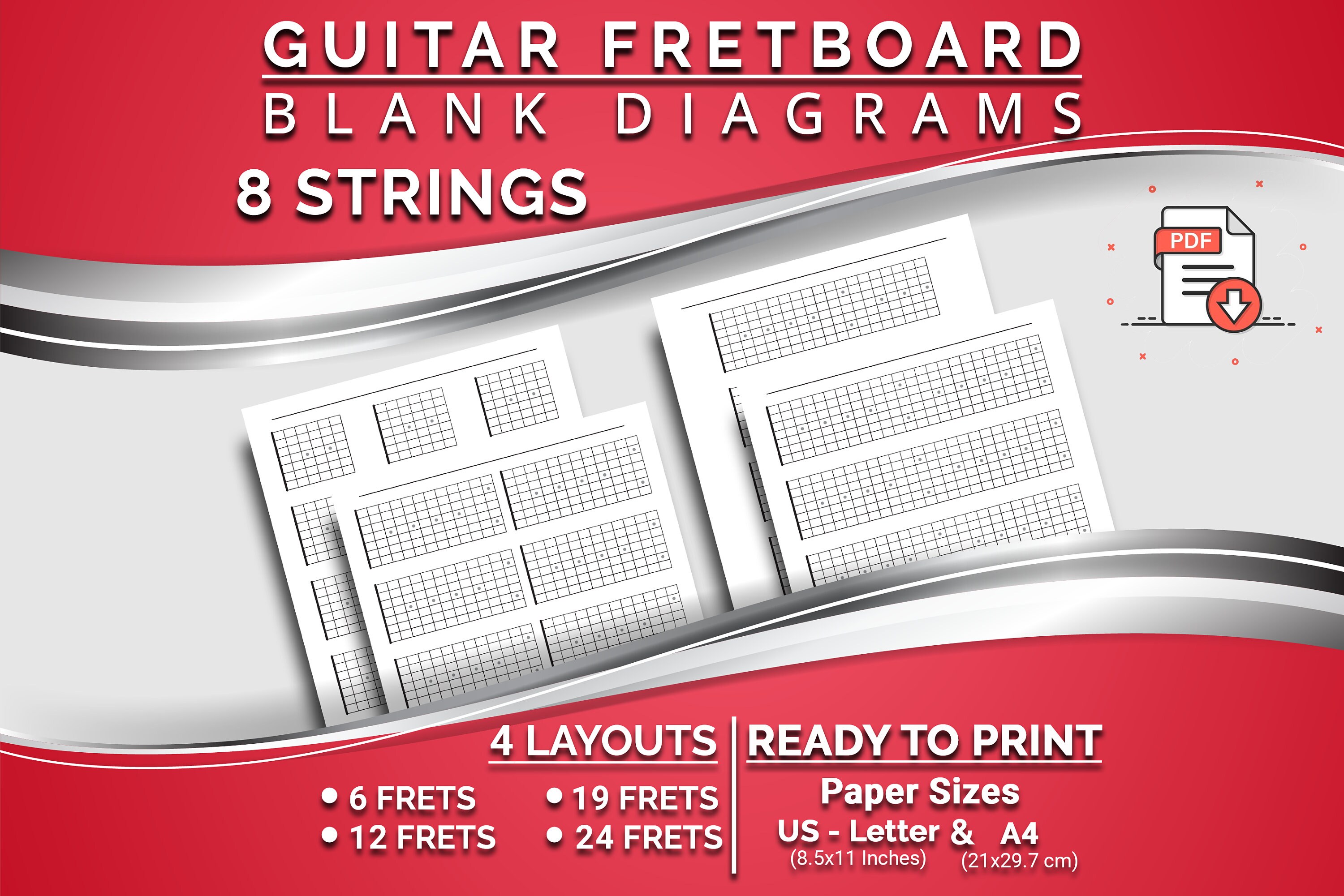 Printable 8 String Guitar Fretboard Blank Diagrams 4 Layouts - Etsy