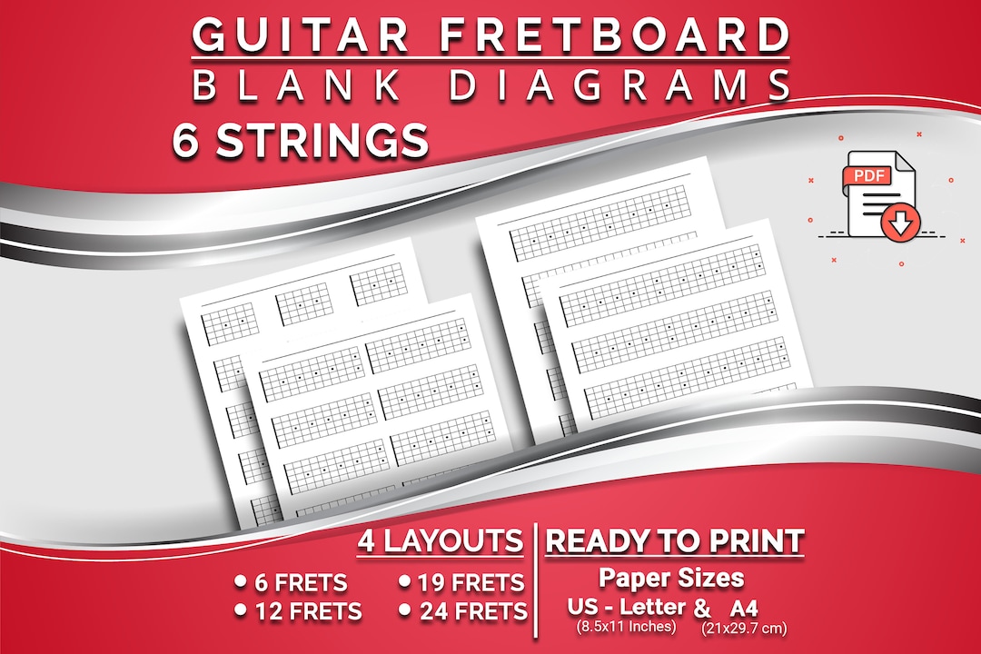 Printable 6 Strings Guitar Fretboard Blank Diagrams, 4 Layouts 6, 12 ...