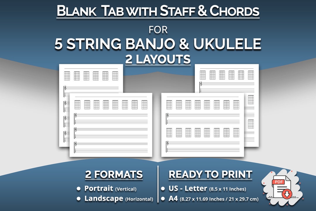 Printable 5 String Banjo & Ukulele - Blank Tabs and Staff With Chords ...
