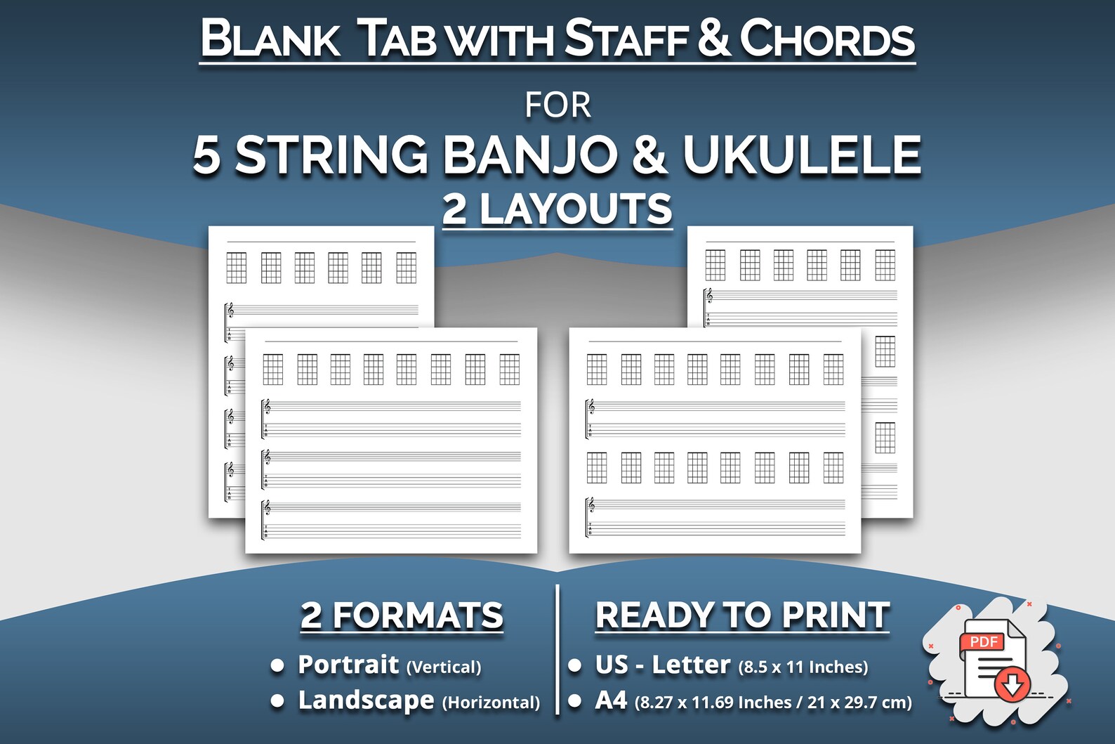 Printable 5 String Banjo & Ukulele - Blank Tabs and Staff With Chords ...