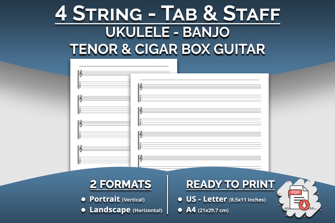 Printable 4 String Blank Tab and Staff for Ukulele, 4 Strings Banjo ...