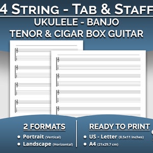 Printable 4 String Blank Tab and Staff for Ukulele, 4 Strings Banjo ...