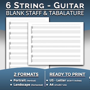 Printable Guitar Tablature and Staff, Guitar Tab Paper With Standard ...