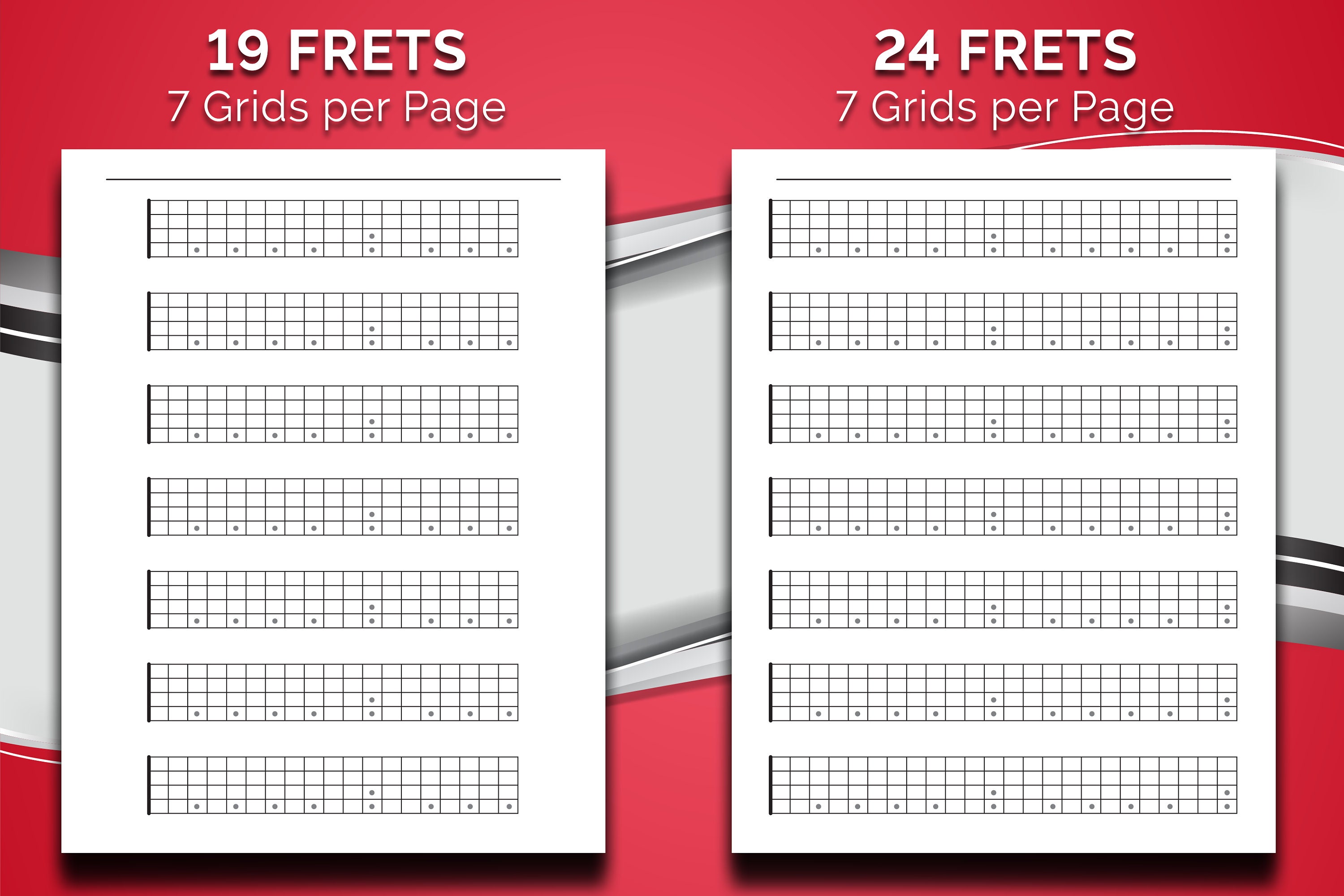 Printable 5 Strings Guitar Fretboard Blank Diagrams, 4 Layouts 6, 12 ...