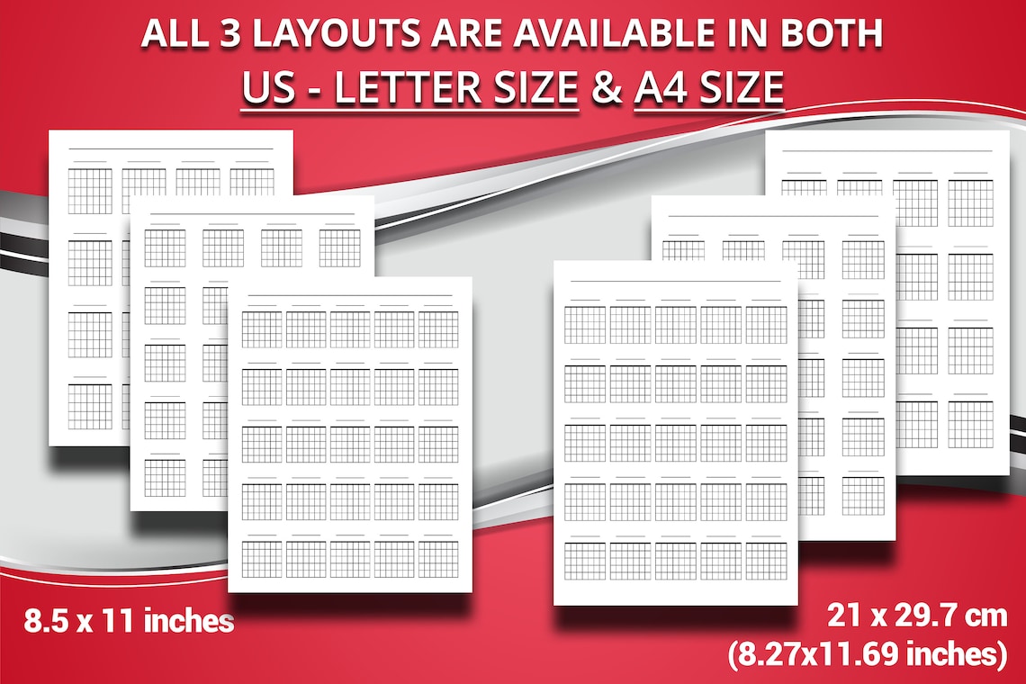 Printable 8 String Blank Guitar Chord, 3 Layouts (16, 20, 25 Chord ...