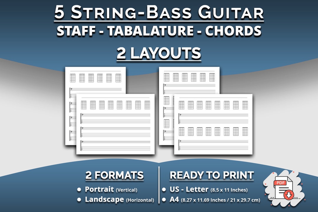 Printable 5 String Bass Guitar Blank Tablature With Music Staff and ...