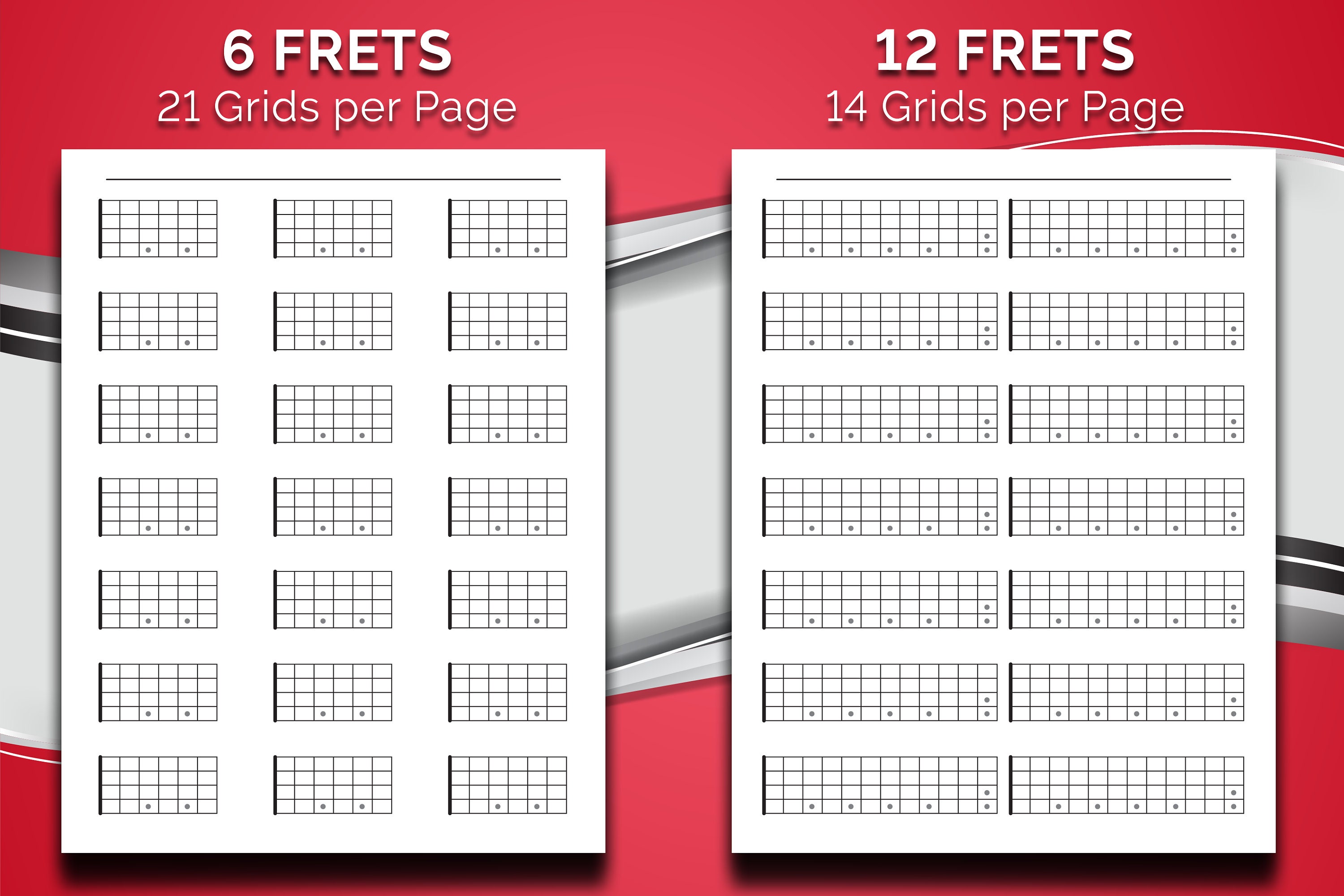 Printable 5 Strings Guitar Fretboard Blank Diagrams, 4 Layouts (6, 12 ...