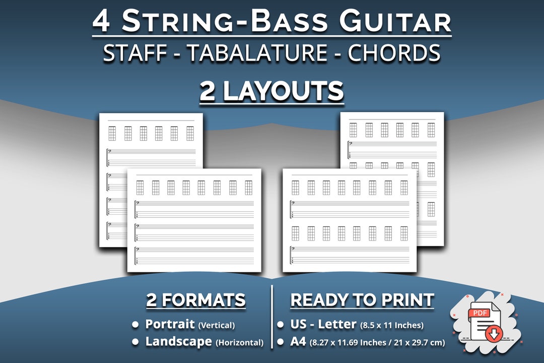 Printable 4 String Bass Guitar Blank Tablature With Music Staff and ...
