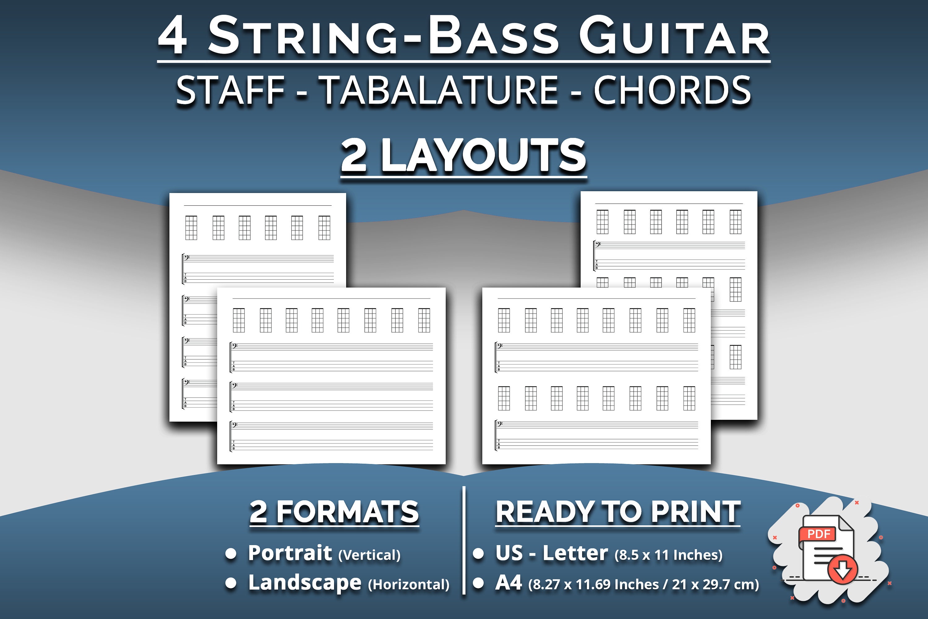 Printable 4 String Bass Guitar Blank Tablature With Music Staff and ...