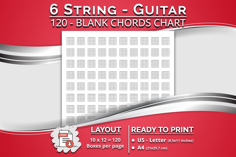 Printable 6 String Guitar 120 Blank Chords Chart -12 Rows (10 Chord ...