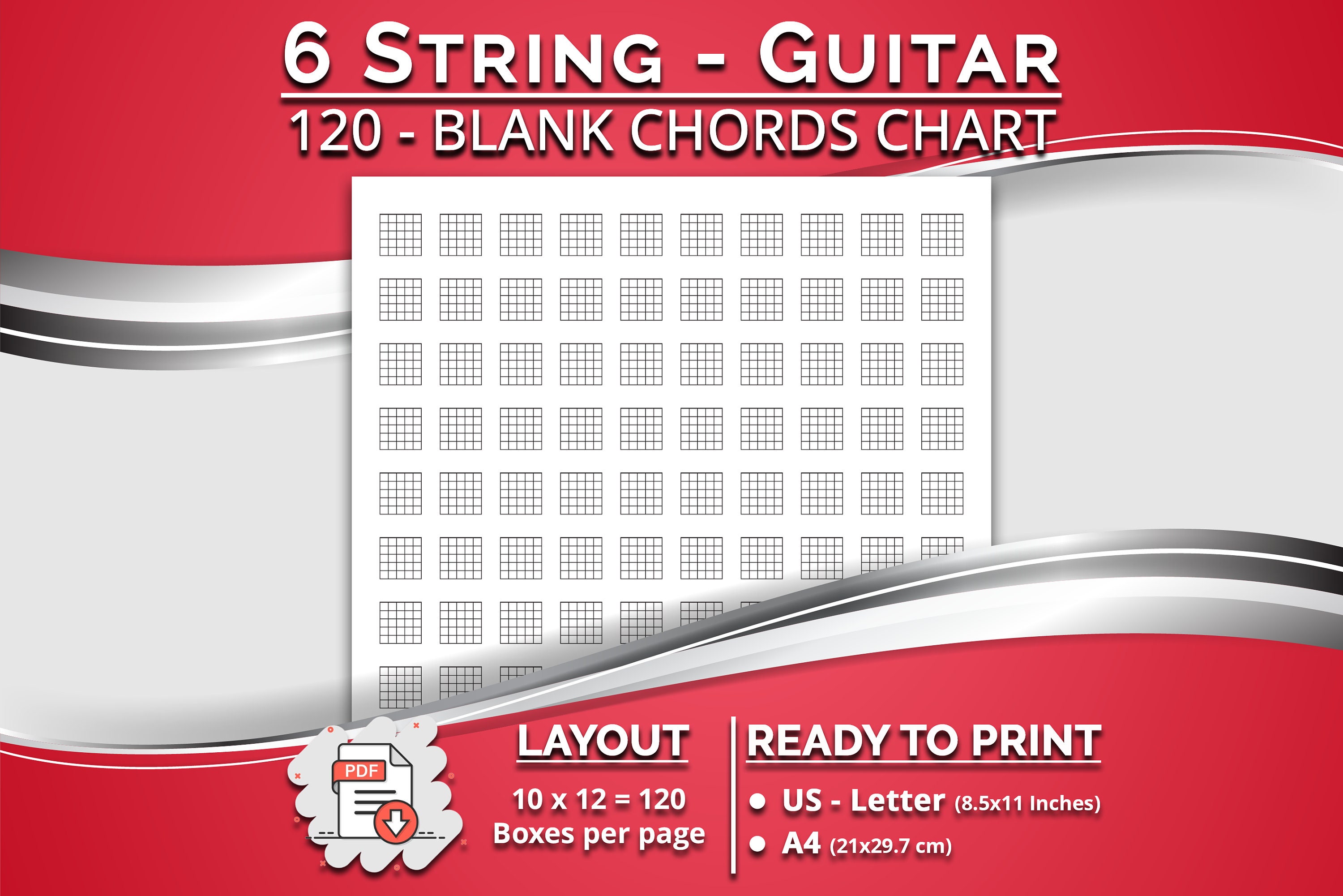 Printable 6 String Guitar 120 Blank Chords Chart -12 Rows (10 Chord ...