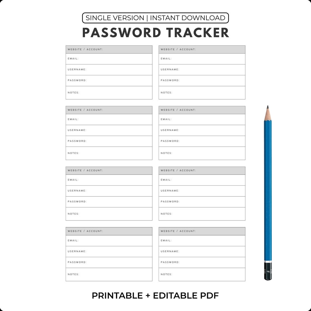 Password Tracker PDF Printable & Fillable Password Tracker Log Password ...