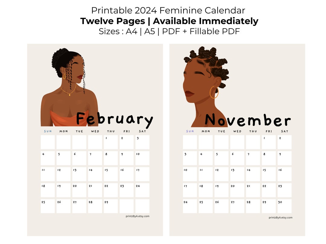 2024 Printable Feminine Calendar | Printable Calendar | Vertical ...