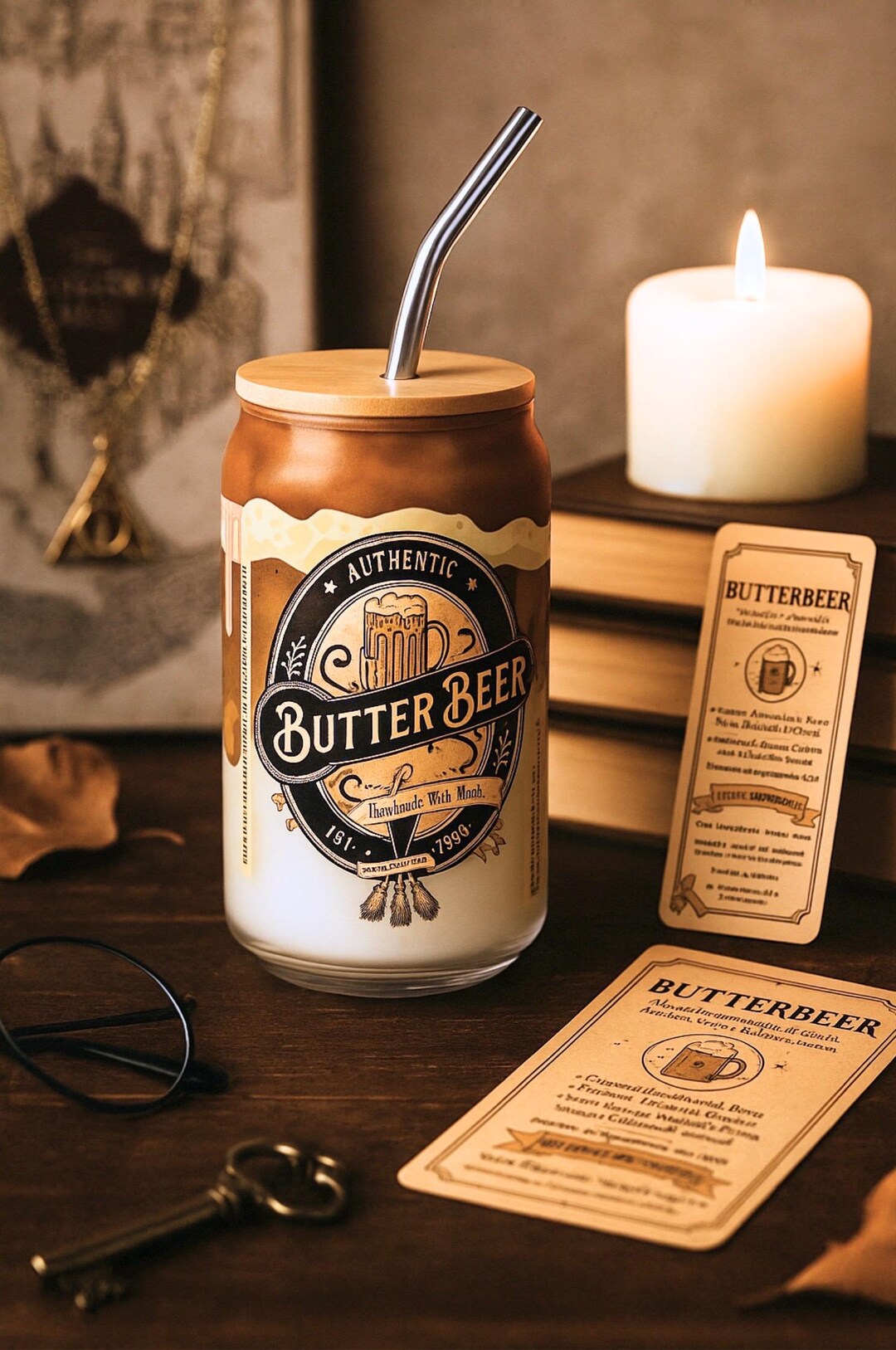 Harry HP Wizard Butter Beer Can Shaped Glass With Bamboo Lid the Boy ...