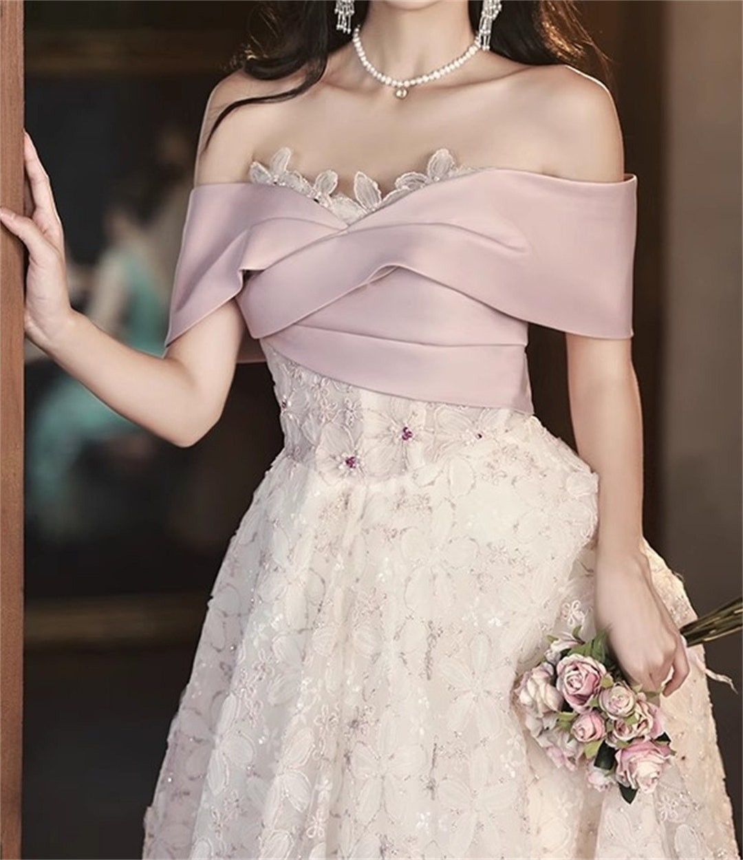 Off-the-shoulder Pink Flower Lace Dress Sweet A-line Prom - Etsy