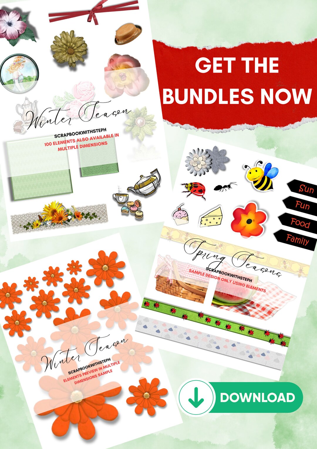 Spring Bundle: 100 Elements, Multidimensional, 25 Backgrounds, Junk ...
