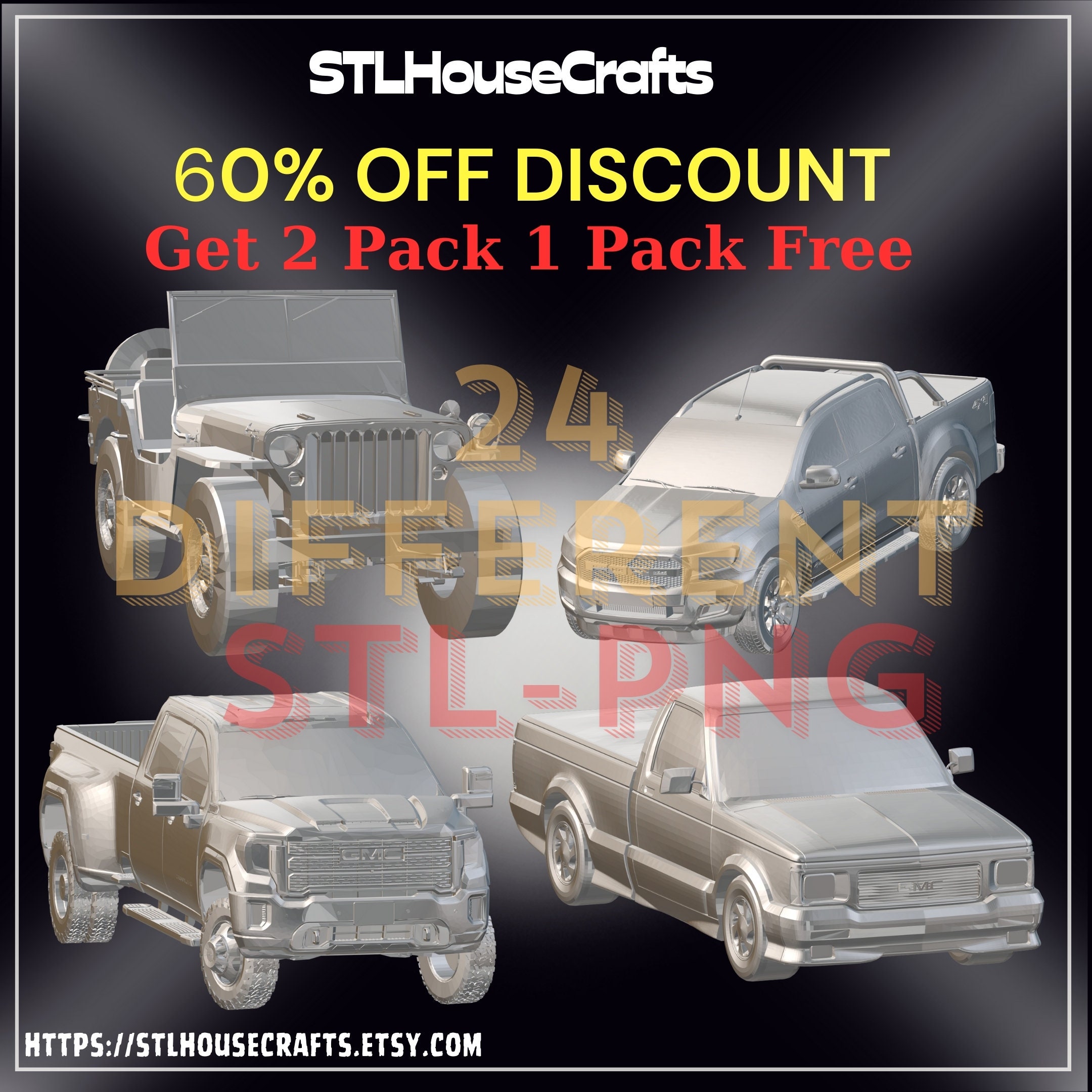 25 Different Truck and Car Bundle STL , 24 Different Car STL-PNG Files ...
