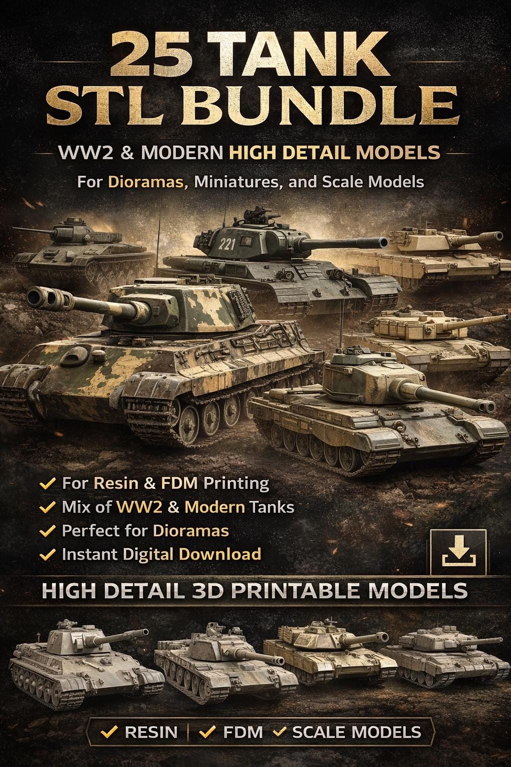 25 Tank STL Files Bundle: High Detail Military Vehicle Models (digital ...