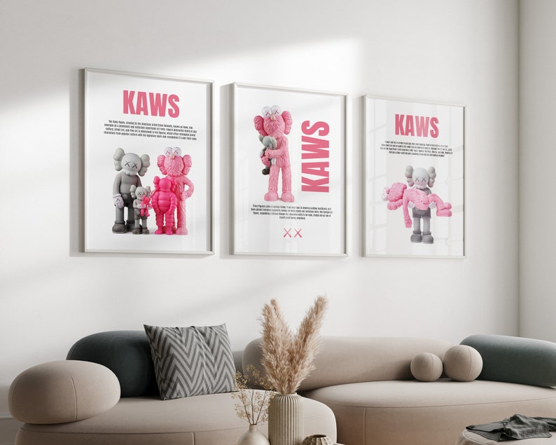 Pink Kaws Poster Print, Set of 3, Kaws Wall Art, Kaws Figure, Hypebeast ...