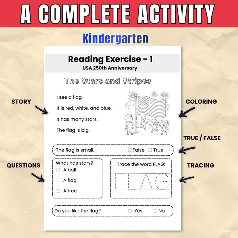 USA 250th Anniversary Reading Comprehension Bundle, Kindergarten First ...