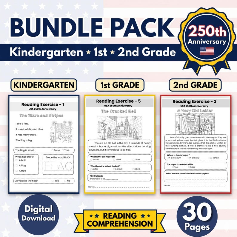 USA 250th Anniversary Reading Comprehension Bundle, Kindergarten First ...