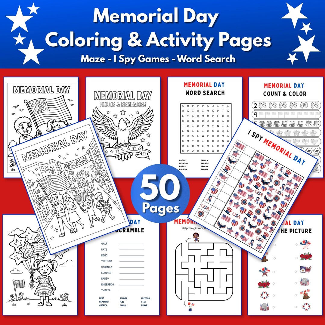 Memorial Day Coloring Activity Book, Patriotic USA Printable Pages ...