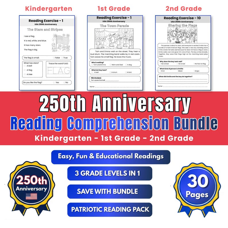 USA 250th Anniversary Reading Comprehension Bundle, Kindergarten First ...