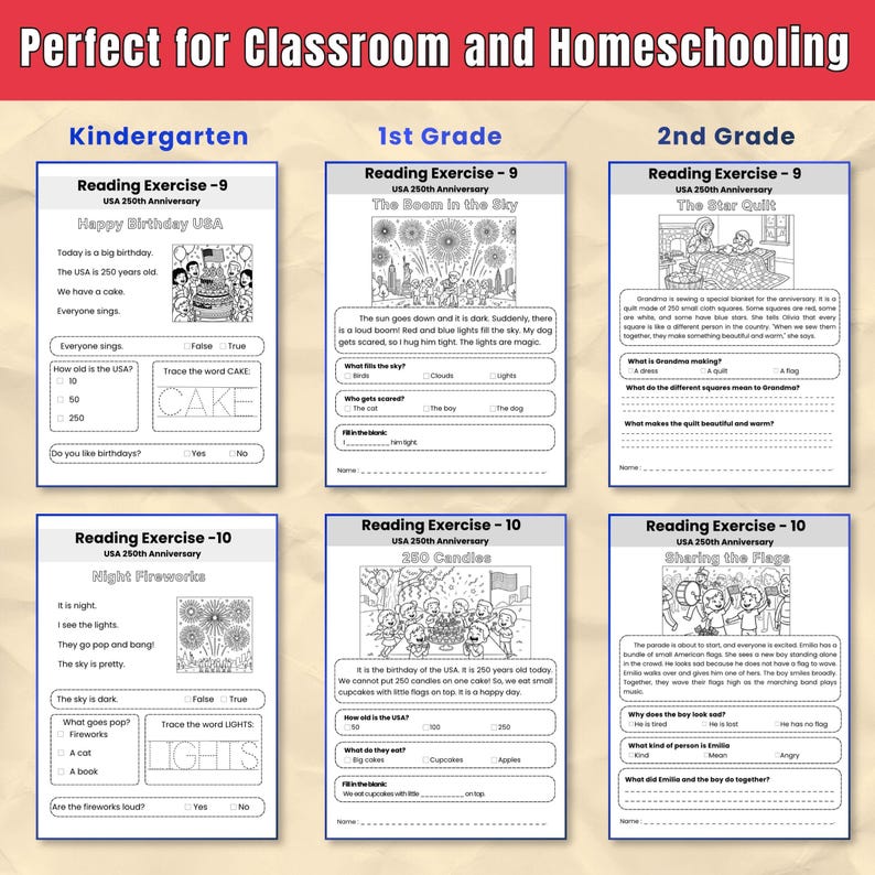 USA 250th Anniversary Reading Comprehension Bundle, Kindergarten First ...