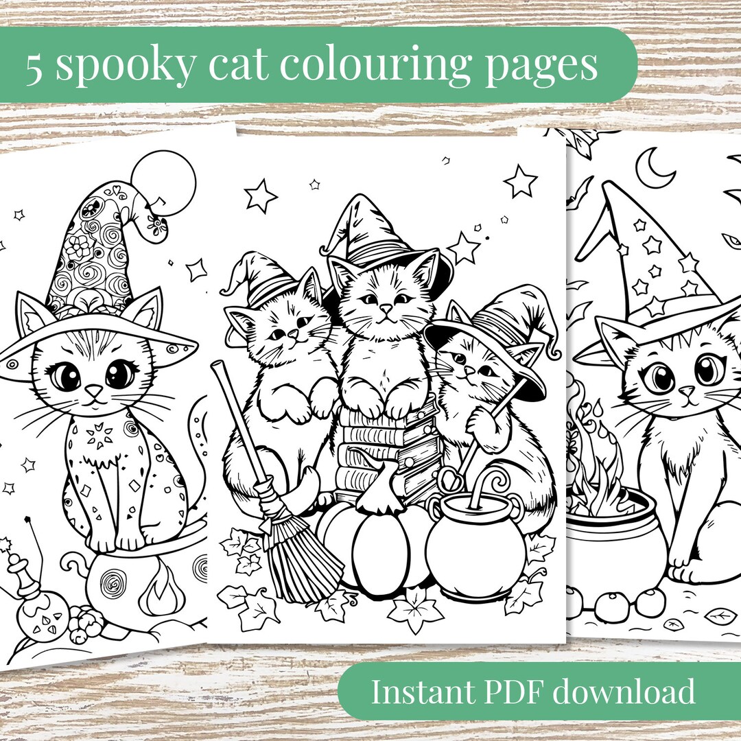 5 Printable Halloween Spooky Cat Colouring Sheets, Cute Halloween ...