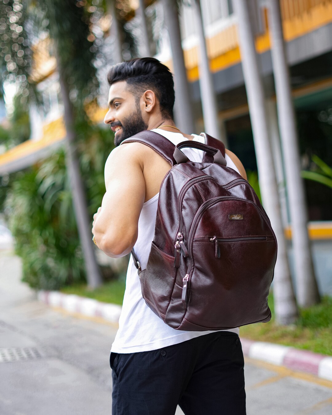 Slim Brown Office Leather Backpack for Work, Unisex College Rucksack ...