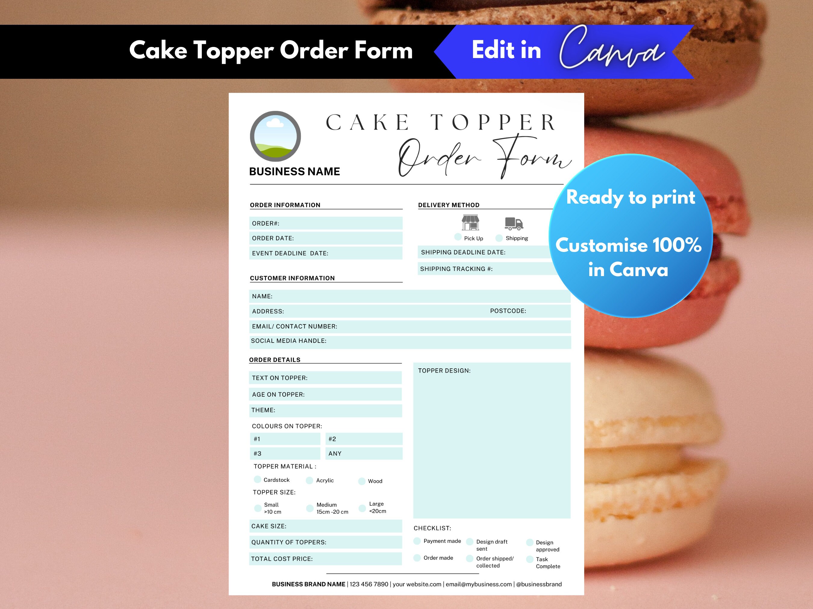 Digital Download Order Form for Personalised Cake Topper Editable Canva ...
