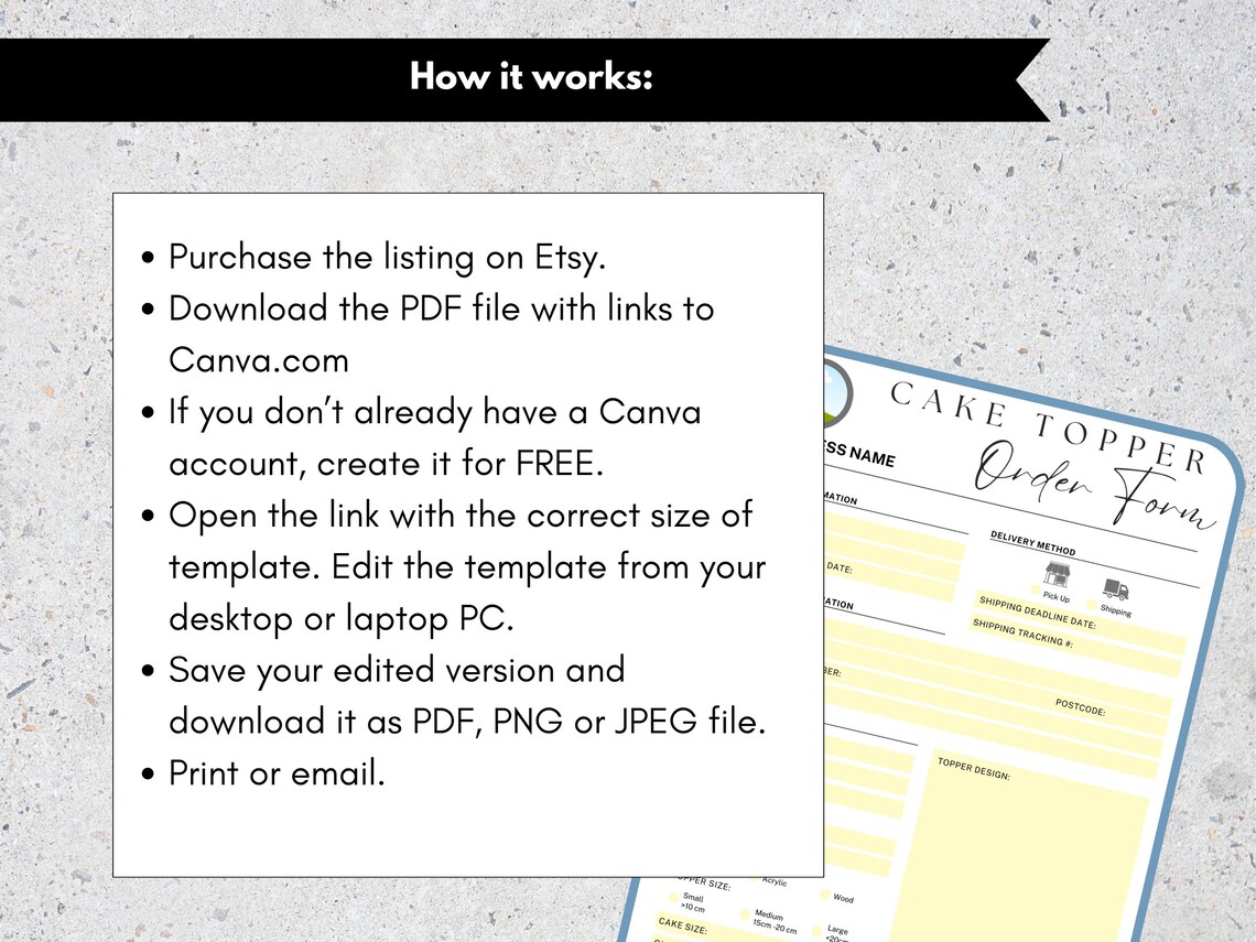 Digital Download Order Form for Personalised Cake Topper Editable Canva ...