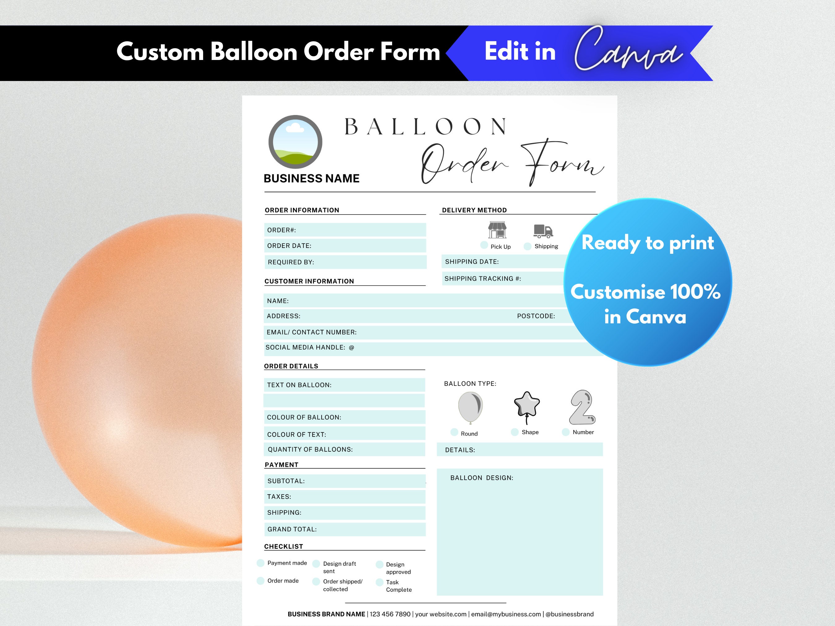 Digital Download Order Form for Balloon Orders With Custom Text Editable Canva Forms Order Form ...