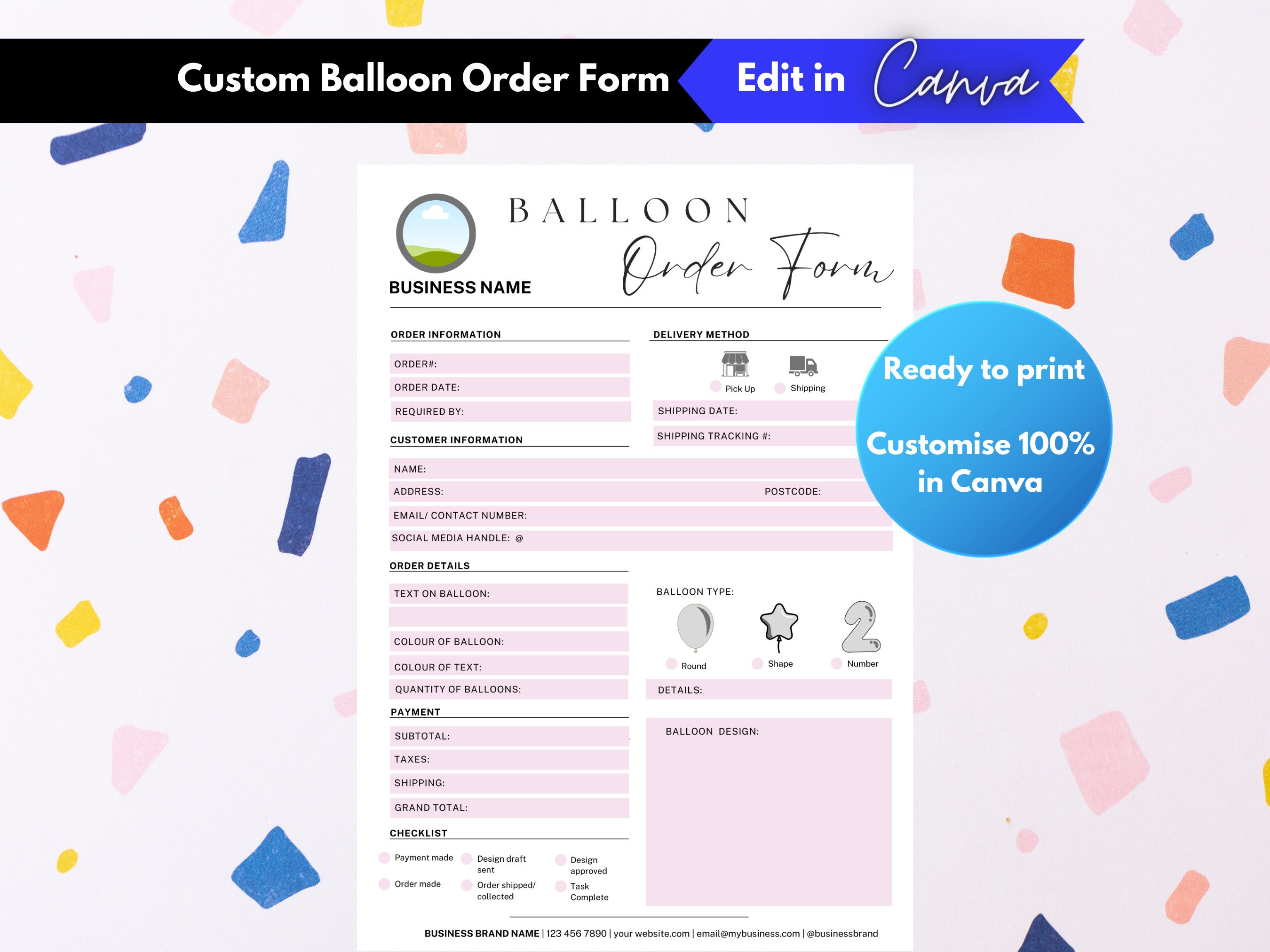 Digital Download Order Form for Balloon Orders With Custom Text Editable Canva Forms Order Form ...