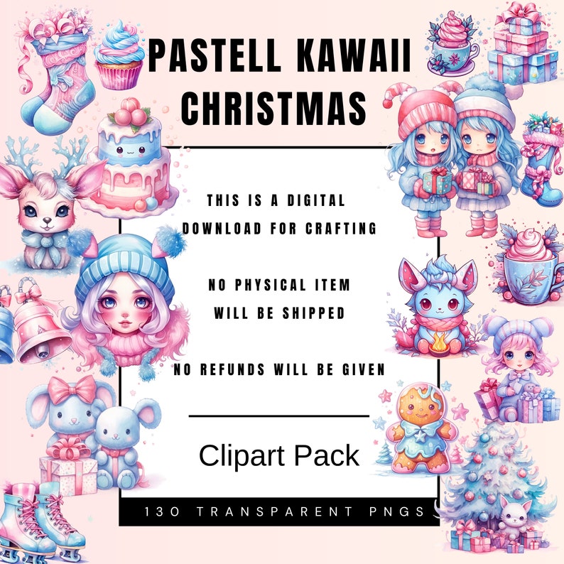 Pastel Kawaii Christmas Clipart Bundle, Watercolor Clipart, Twitch ...