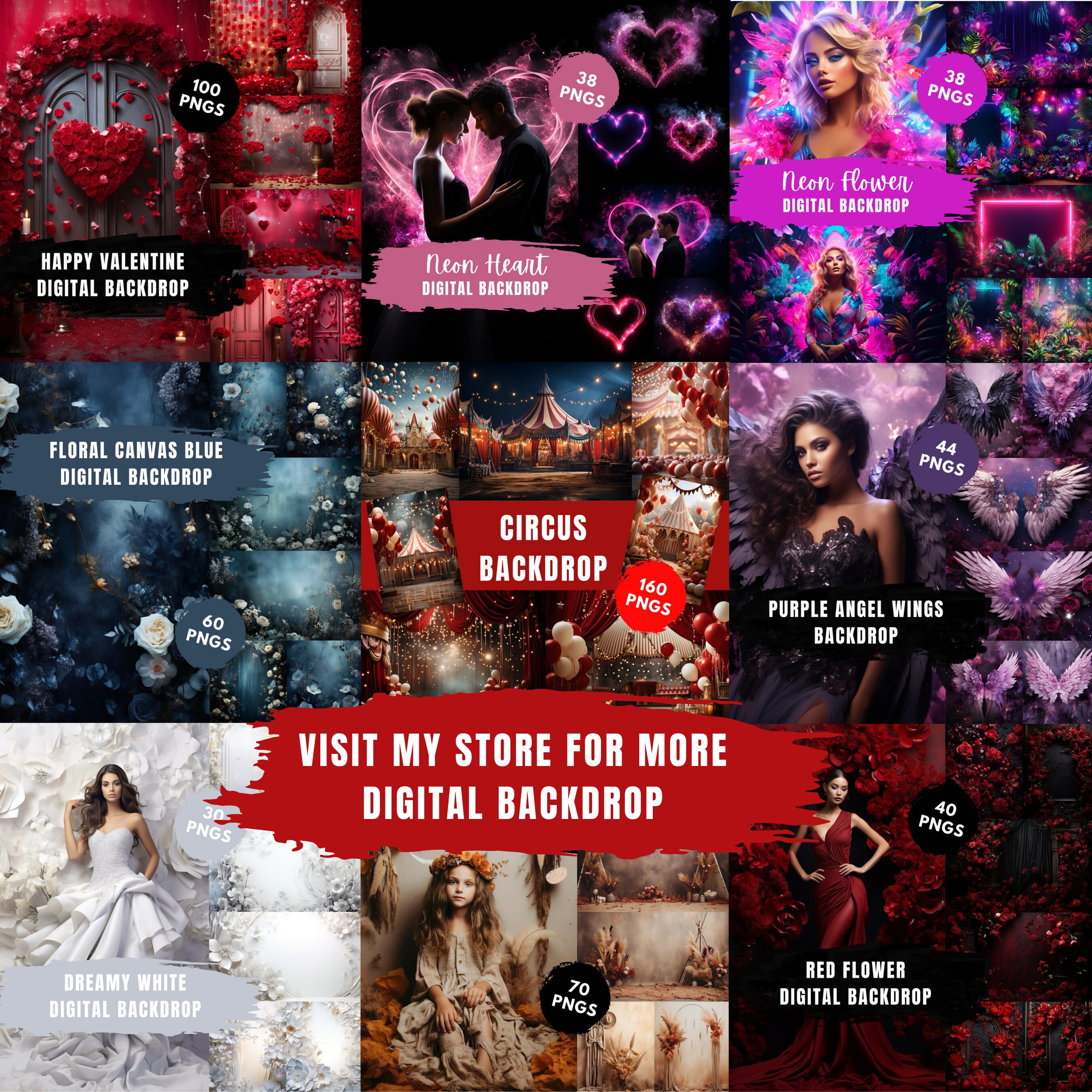 Valentines Day Digital Background, Red Heart, Love Background Bundle ...