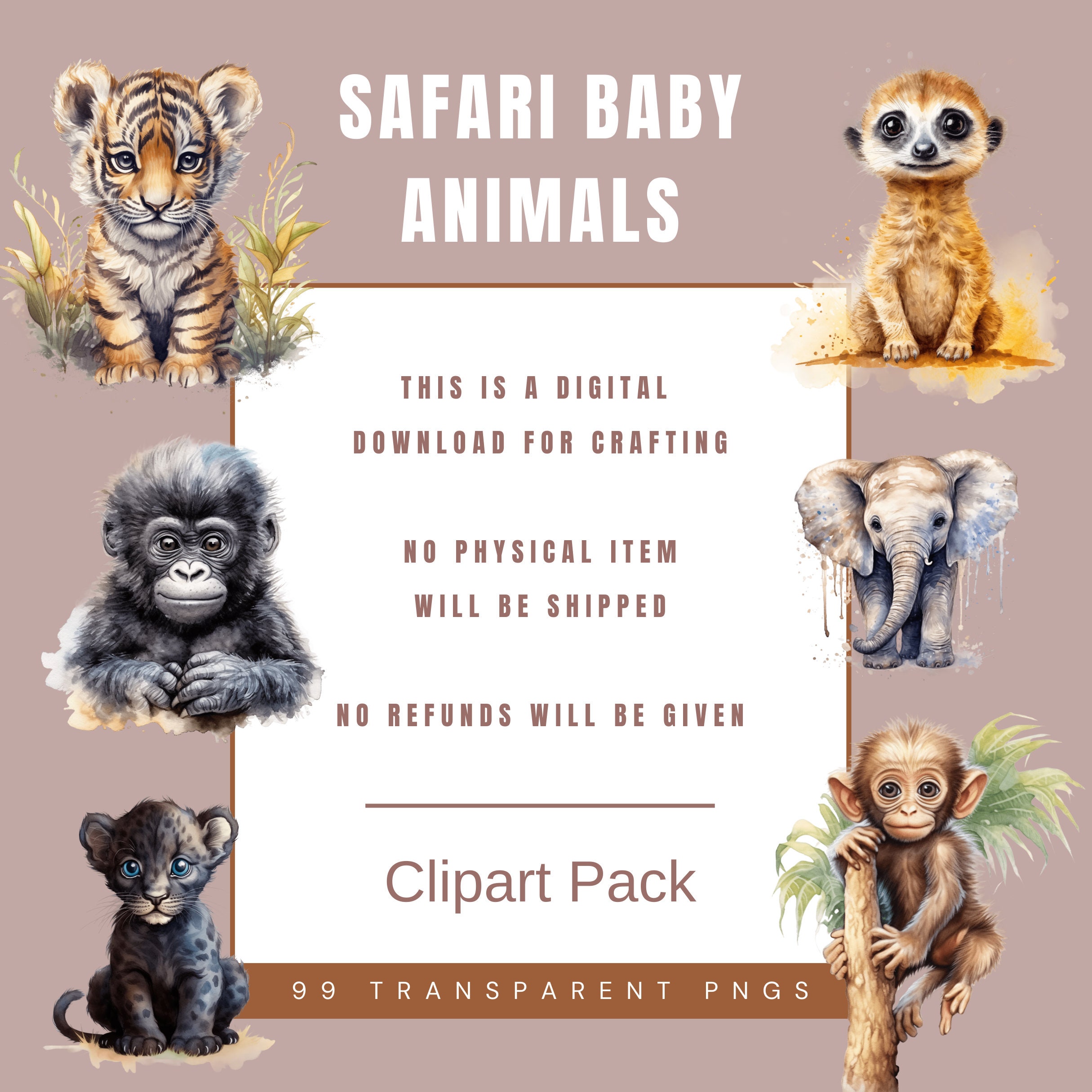 Watercolor Safari Animals Clipart Bundle, Baby Animals for Nursery ...