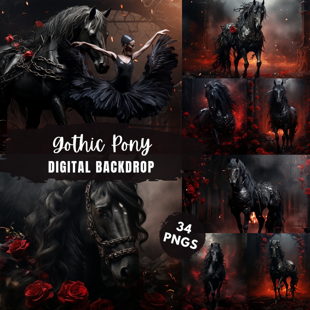 Gothic Horse Pony Red Roses Digital Background, Horse Flower, Love ...