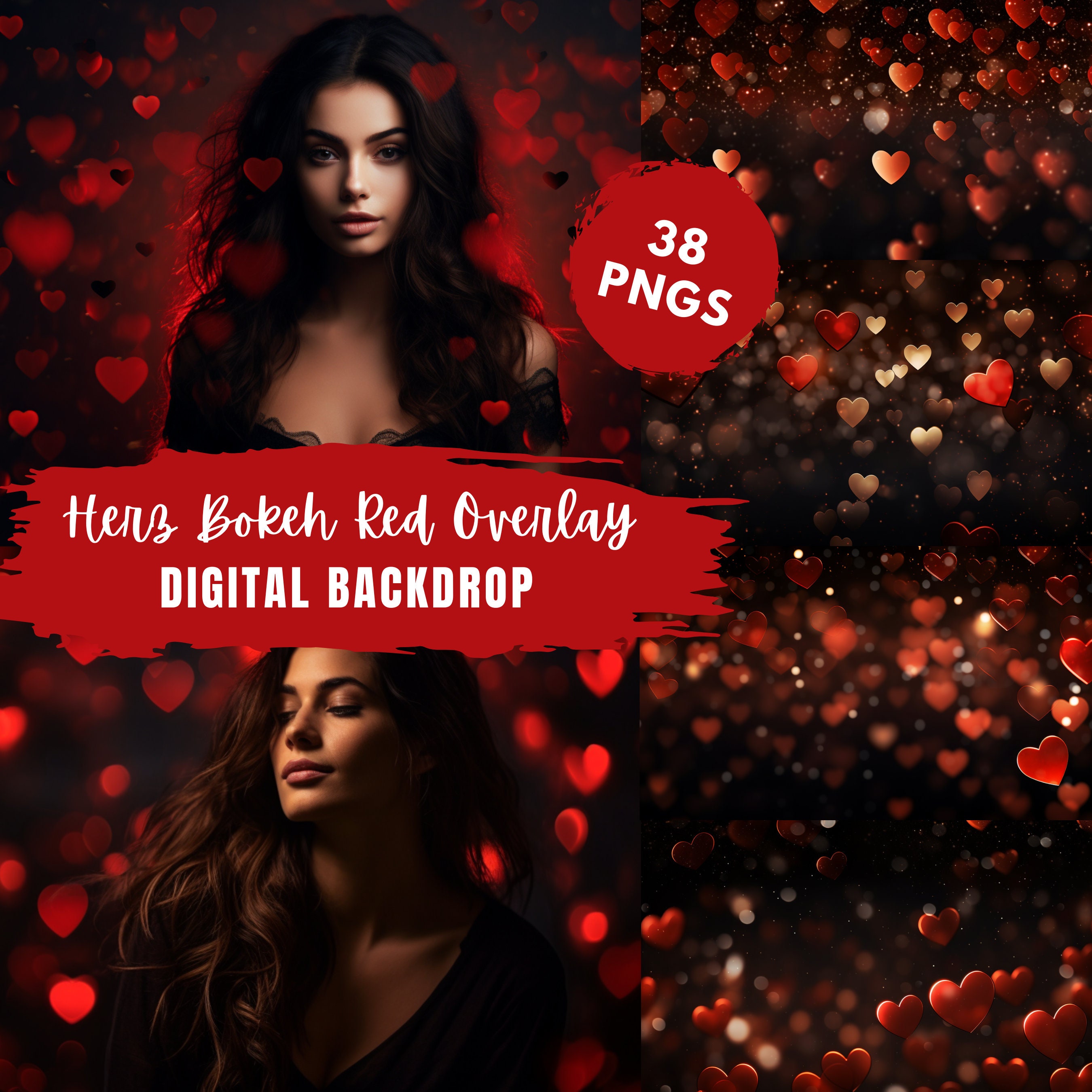 Red Herz Bokeh Overlay for Photo Editing, Digital Backdrop Overlay ...