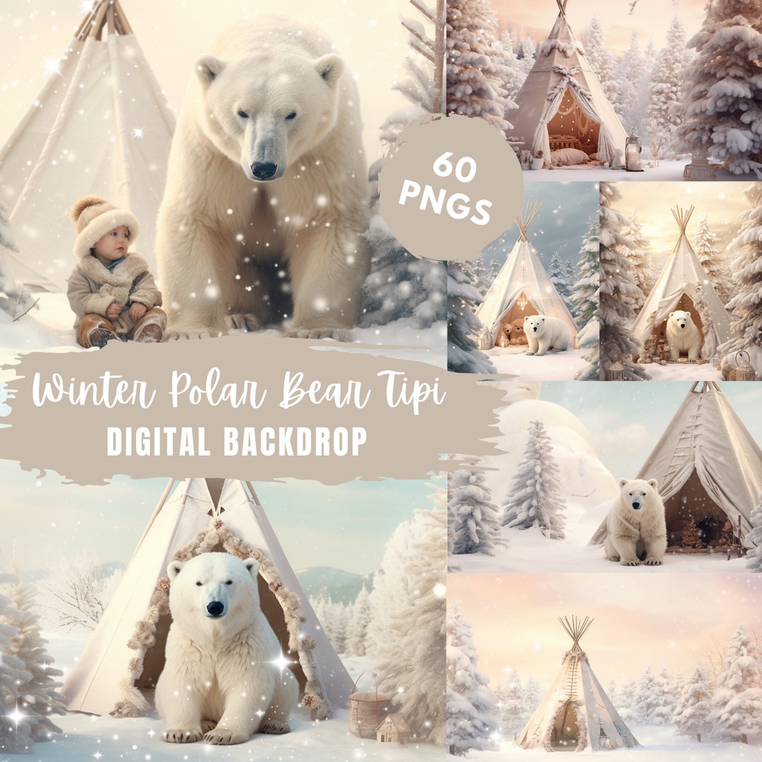 Winter Polar Bear Digital Backdrop for Photo Editing, Boho Tipi ...