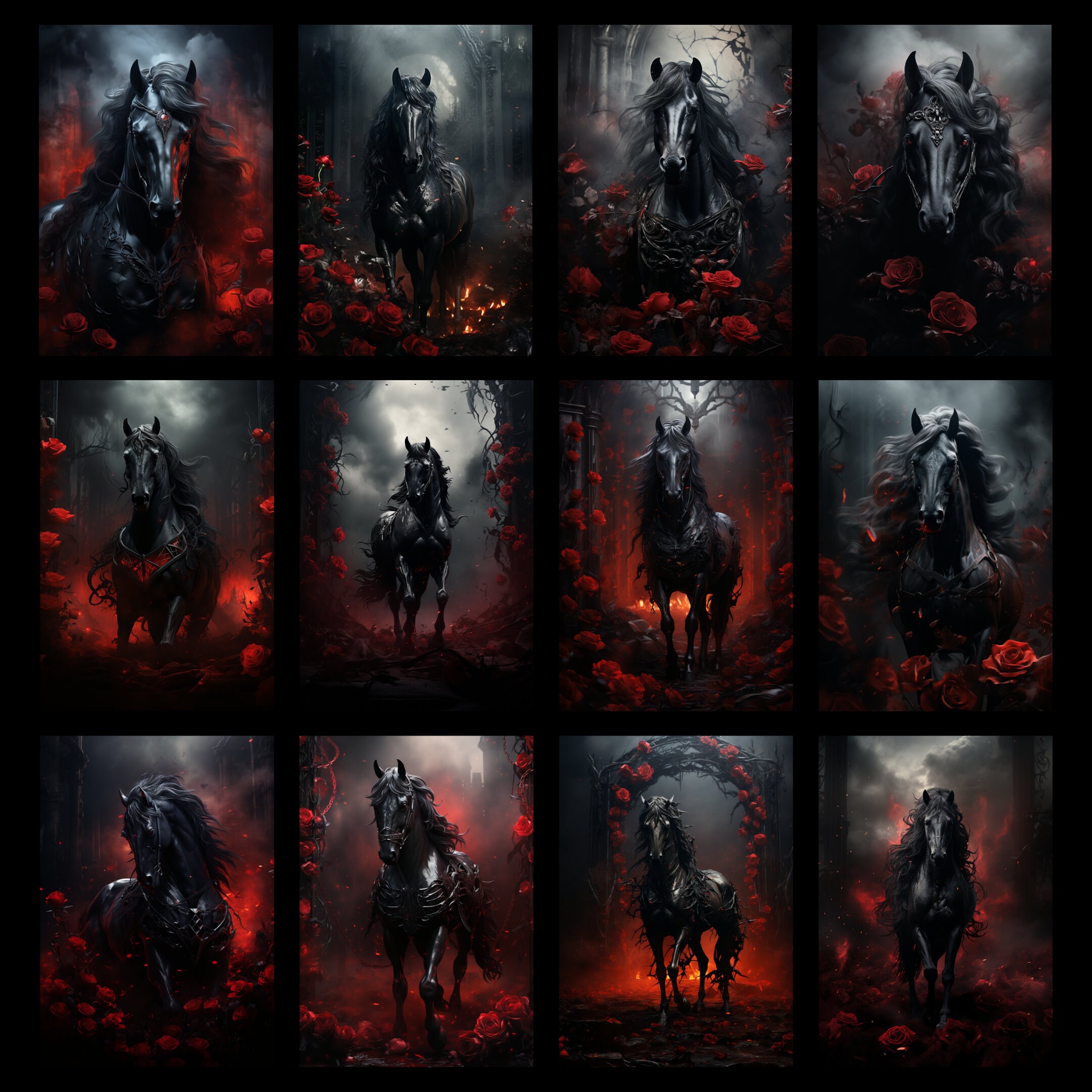 Gothic Horse Pony Red Roses Digital Background, Horse Flower, Love ...