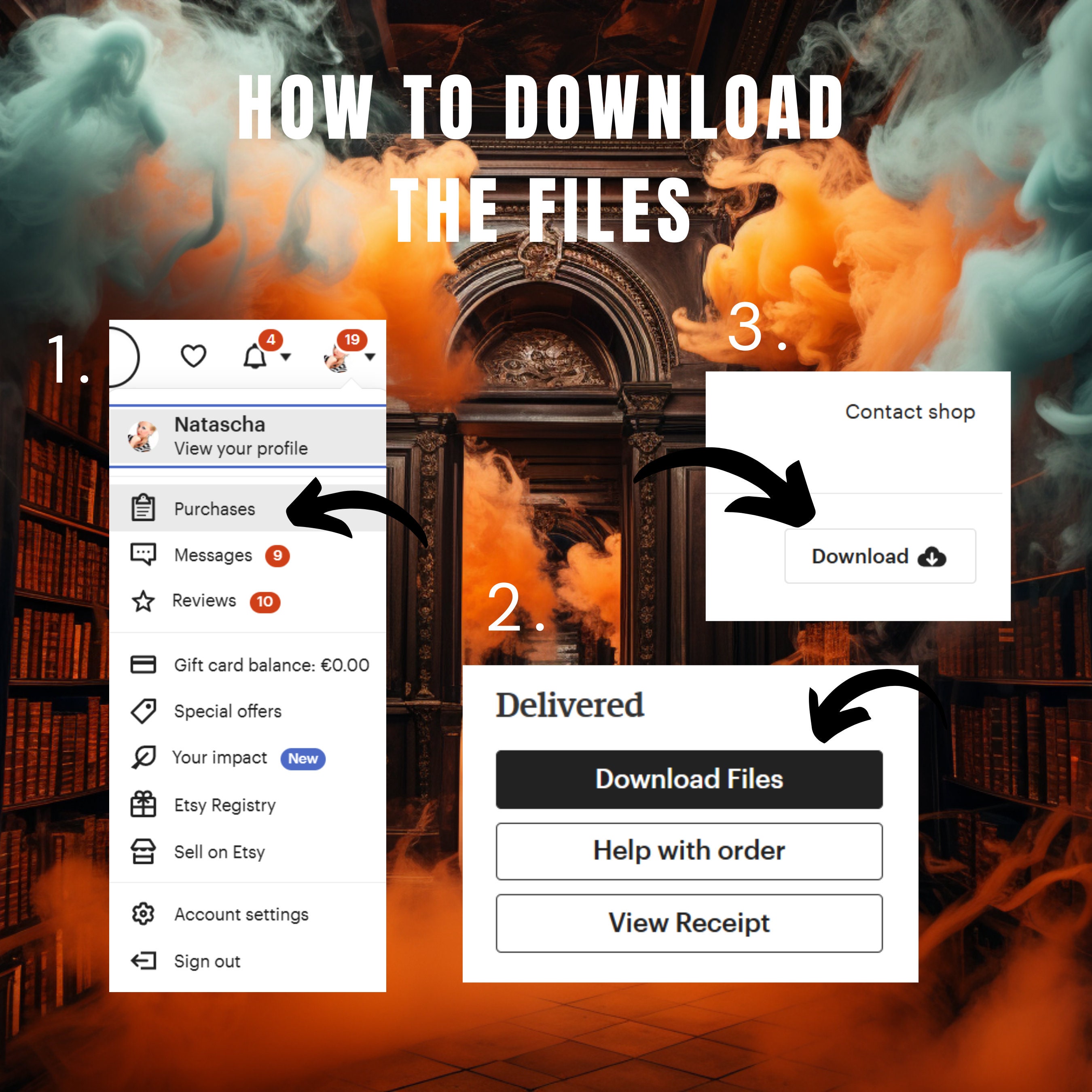 Smoky Library Orange and Teal Backdrop for Photo Editing, Books Library ...