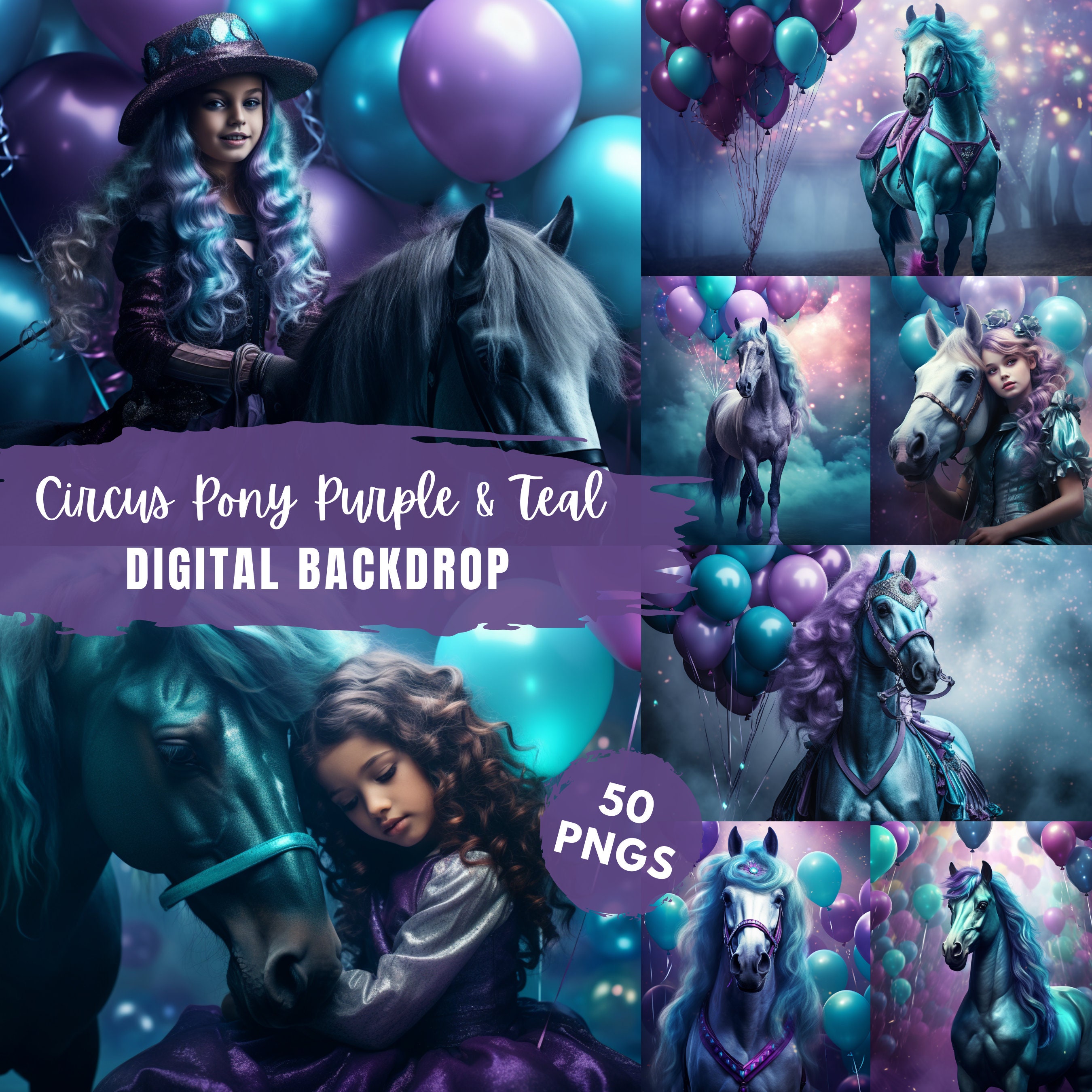 Circus Horse Pony Purple and Teal, Backdrop for Photo Editing, Kids, Pastel Circus, Smoke ...