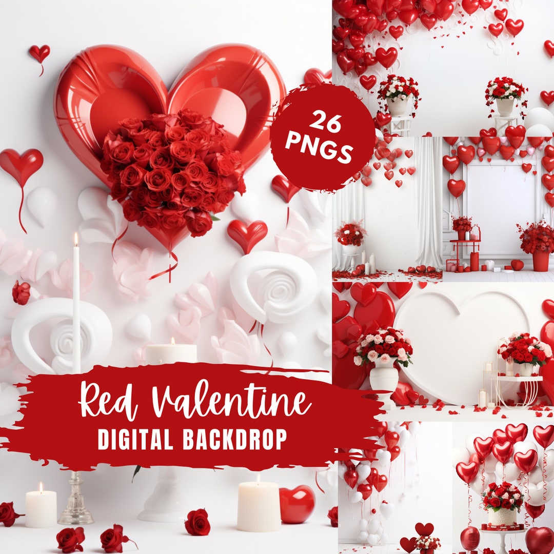 Valentines Day Digital Background, Red Heart, Love Background Bundle ...