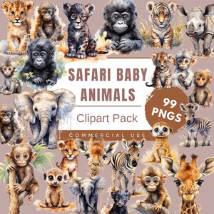 Watercolor Safari Animals Clipart Bundle, Baby Animals for Nursery ...