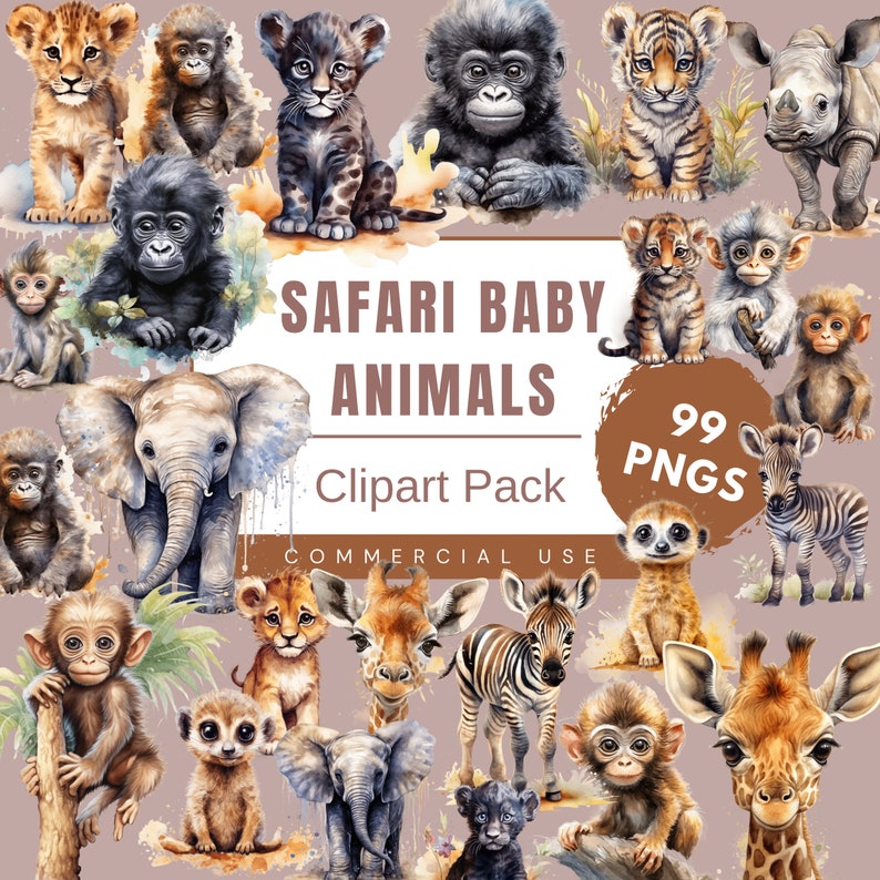 Watercolor Safari Animals Clipart Bundle, Baby Animals for Nursery ...