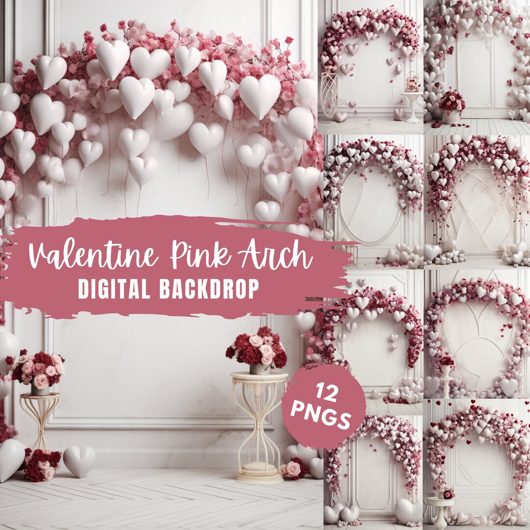 Valentines Day Pink Arck Digital Background, Pink Arch Roses and Hearts ...