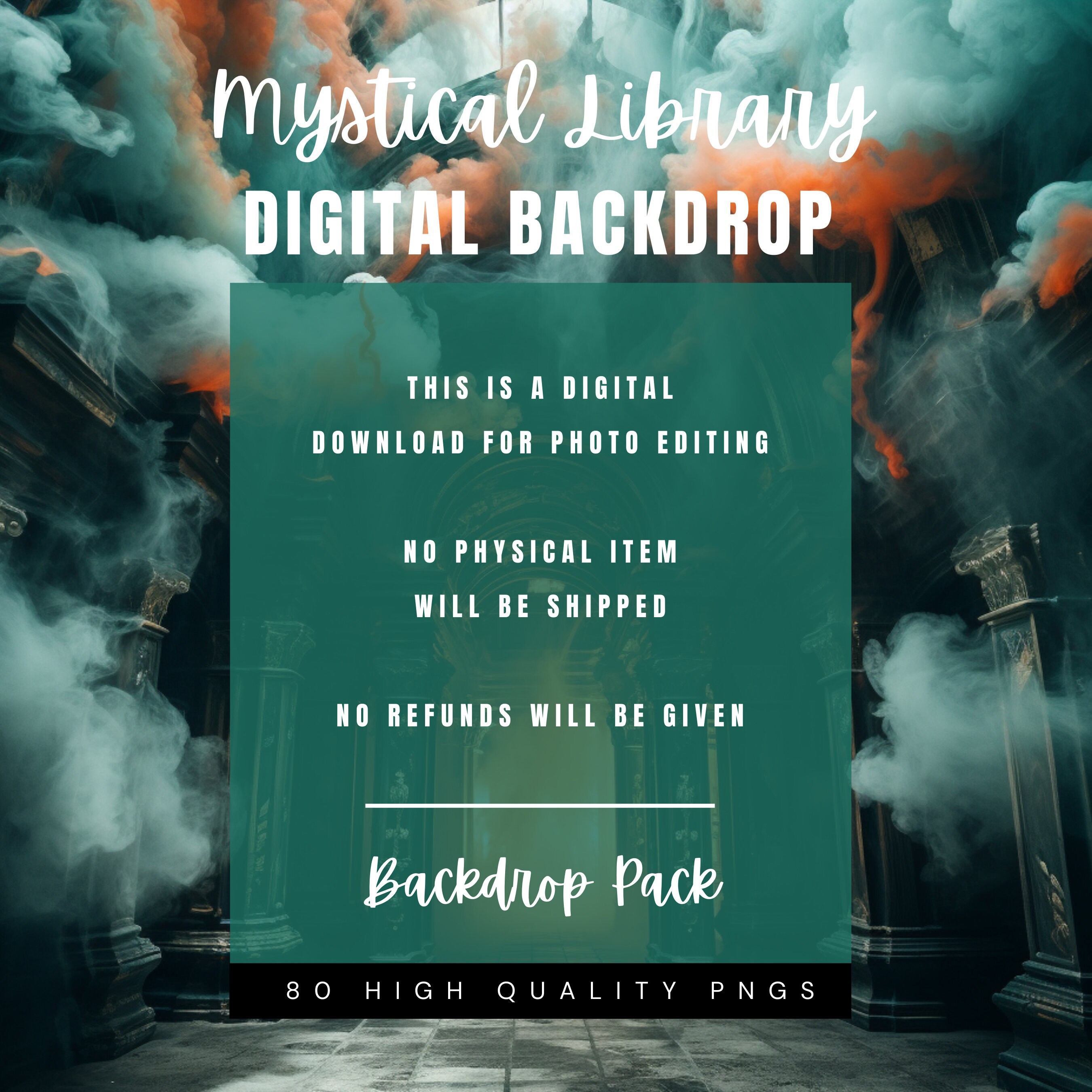 Smoky Library Orange and Teal Backdrop for Photo Editing, Books Library ...