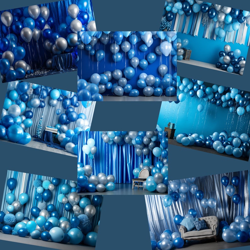 Digital Backdrops Blue Balloons for Photo Editing, Birthday Backdrop ...