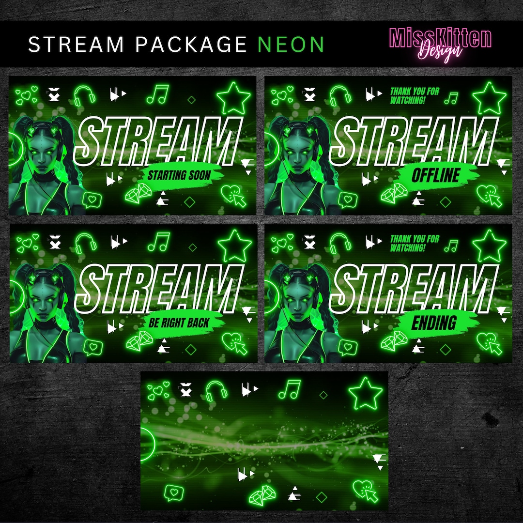 Animated Twitch Stream Overlay Screen Set, Neon Green Overlay, Twitch ...